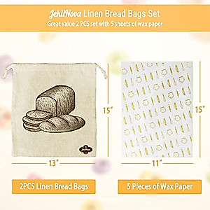2PCS Linen Bread Bags, 13 x 15" Premium Art Design Natural Linen Bags Reusable Food Storage Bags with 5 Wax Paper for Homemade Artisan Bread, Gift Ideal for Bakers