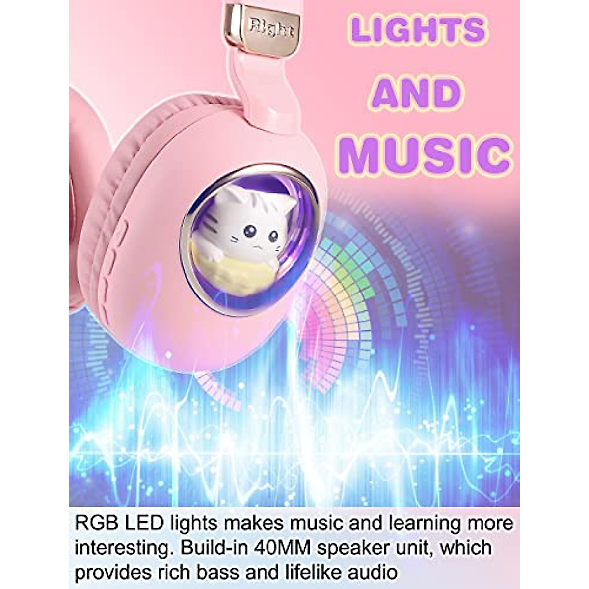 Usoun Kids Wireless Headphones, Bluetooth Over Ear Headphones with Cute Cat Colorful LED Lights,Wireless&Wired,Foldable,Build-in Mic,Bluetooth Headphones for Kids Girls Teens Adults,School (Pink)