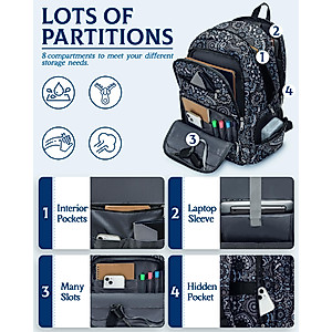 Large Travel Backpack for Women College Campus Bookbag XL Lightweight School Bag Fits 15.6 Inch Laptop Water-resistant Casual Daypack Airline Approved Carry On Backpack Grey Paisley Mochilas De Mujer