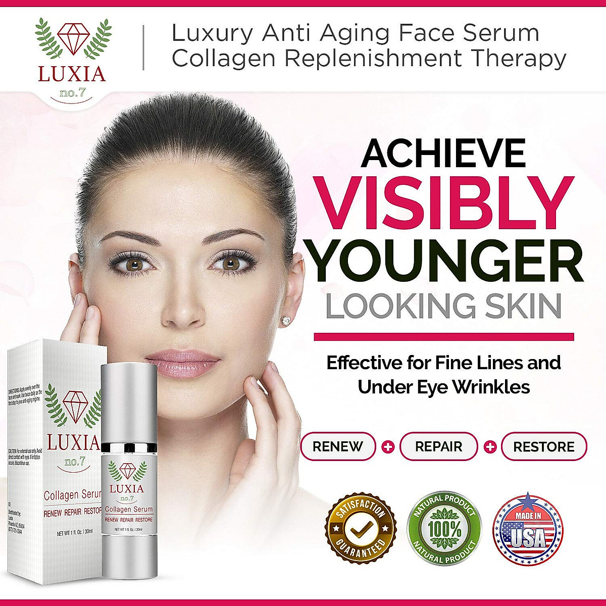 Luxia Skincare- Collagen Serum-Luxury Anti Aging Face Serum Treatment Formula for Men and Women. Effective for Fine Lines and Under Eye Wrinkles.