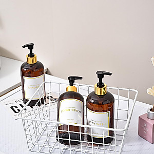 Akalin 16oz Shampoo and Conditioner Dispenser, Set of 3 Shampoo Bottles Refillable with Pump, 3 Shampoo and Conditioner Bottles, Shower Bottles Refillable with 6 Waterproof Labels (Brown)