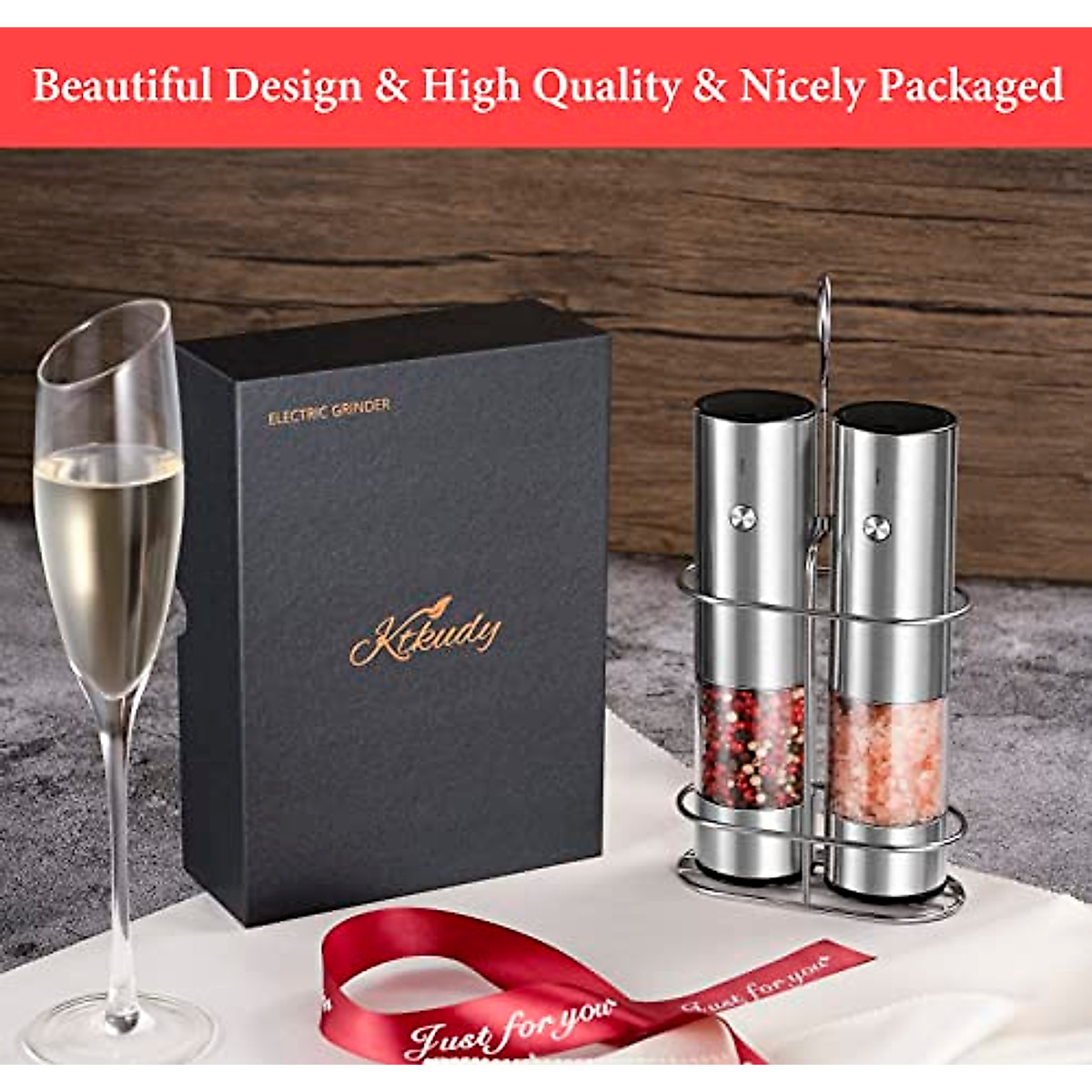 Rechargeable Electric Salt and Pepper Grinder Set with Holder - Nicely Packaged Giftable - No Battery Needed - Automatic Pepper Mill & Adjustable Coarseness & LED Light Refillable - Stainless Steel