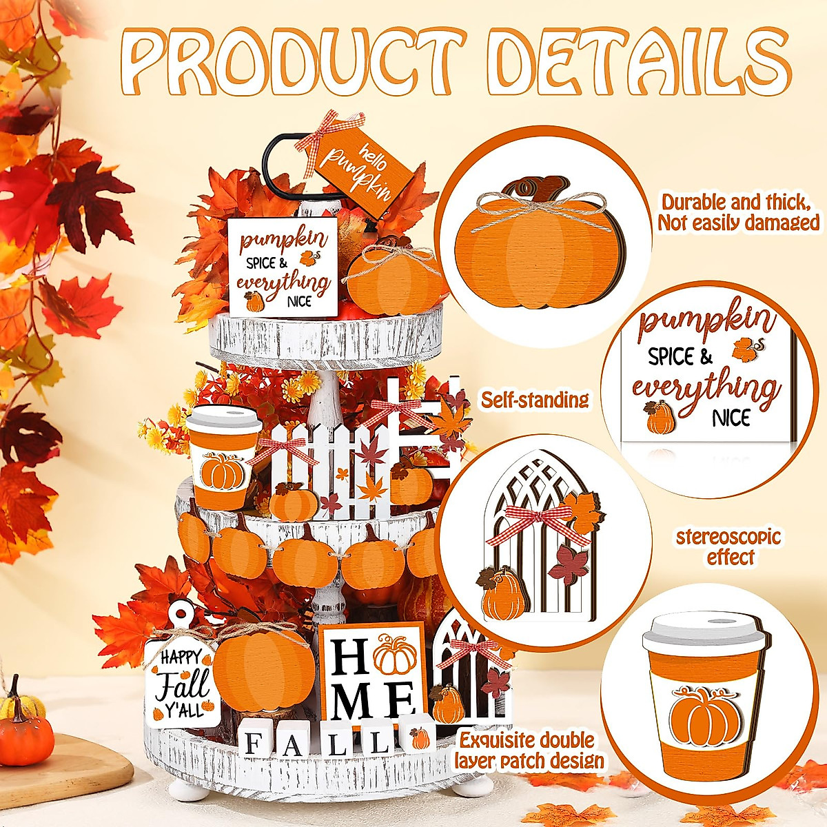 Set of 15 Fall Tiered Tray Decor Pumpkins Farmhouse Decor Autumn Maple Leaf Table Centerpieces Thanksgiving Harvest Wood Blocks Signs for Home Decor(Cute Style)