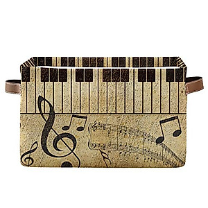 AUUXVA Storage Basket Vintage Music Note Piano Key Storage Cube Box Durable Canvas Collapsible Toy Basket Organizer Bin with Handles for Shelf Closet Bedroom Home Office