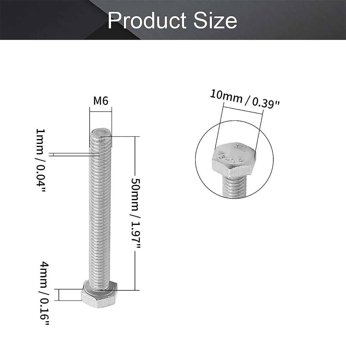 MroMax 10Pcs M6 x 50mm Hex Head Screws Bolts, 304 Stainless Steel 18-8, Fully Threaded, External Hex Drive, for Mounting Chair, Handles, Rail, Pump, Wheels, Antenna Parts, Boat and Plastic Bumpers