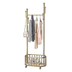 BOOSDEN Clothing Rack, Metal Clothes Hanger Rack with Wheels and Hooks, Portable Rolling Garment Rack for Hanging Clothes, Golden Yellow