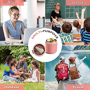 SMALLSHS Vacuum Insulated Food Jar with Foldable Spoon, Stainless Steel Thermal Food Container Food Thermos Soup Cup Leak Proof Hot Cold Food for Office Picnic Travel Outdoors (Pink)