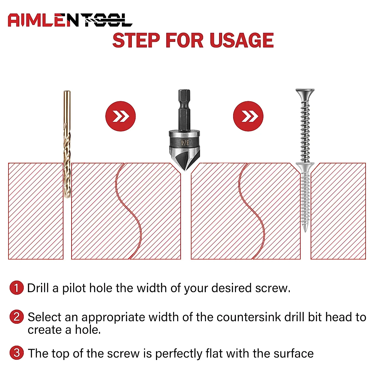 AIMLENTOOL 5 Pcs Countersink Drill Bit Set, 82 Degree 5 Flute High-Speed Steel Countersink Drill Bit with 1/4” Hex Shank, 1/4" to 3/4" Size for Machinable Metals, Wood, Carbon Steel, in Aluminum Case