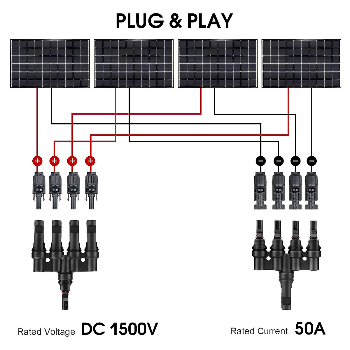 PAEKQ 4 to 1 Solar Panel Connectors T Branch Connectors Cable Splitter Coupler 1 Male to 4 Female (M/4F) and 1 Female to 4 Male (F/4M) for Parallel Connection Between Solar Panels (1 Pair)