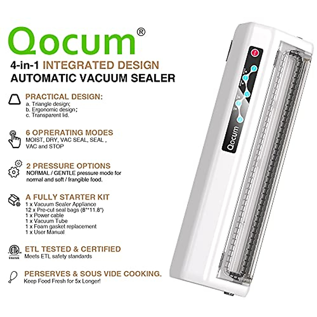 Qocum Vacuum Sealer Machine for Food Savers and Sous-Vide, Automatic Food Sealer with Dry/Moist/Normal/Gentle Mode, Clear Cover Design, food saver Vacuum Sealer Compatible with All Vacuum Sealer Bags