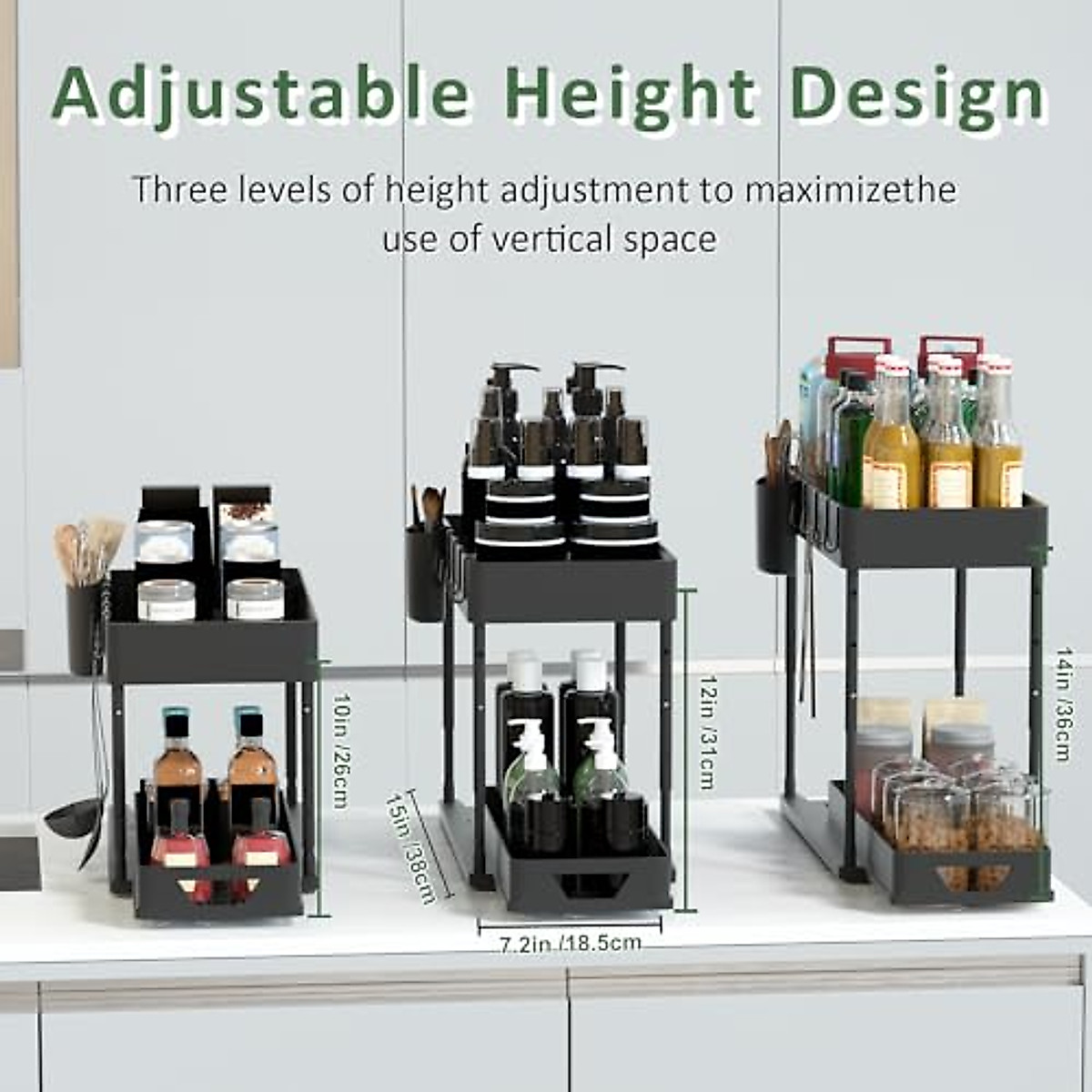 seasky Under Sink Organizers and Storage 2 Pack, 2 Tier Adjustable Height Sliding Bathroom Organizer, Kitchen Organizer Multipurpose Under Sink Cabinet Storage with 8 Hooks and 2 Hanging Cup
