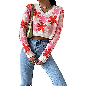Floerns Women's Casual Rib Knit Long Sleeve V Neck Floral Pattern Drop Shoulder Crop Sweater Top Pink S