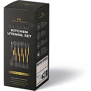 Kitchen Utensils Set, 33 pcs Non-Stick Silicone Cooking Utensils Set, Heat-Resistant Silicone, Wooden Utensils for Cooking, Kitchen Gadgets Spatula Set, Apartment Essentials Kitchen Set (Black)