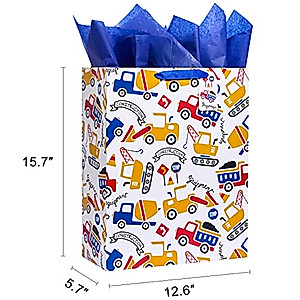 SUNCOLOR 16" Extra Large Gift Bag with Tissue Paper for Boys (Vehicle)