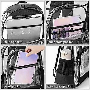 KIMNERPU Clear Backpack, Heavy Duty PVC Transparent Backpack with Reinforced Straps, See Through Multiple Pockets Large Capacity Bookbag for Concert Work Security Travel Festival (Black)