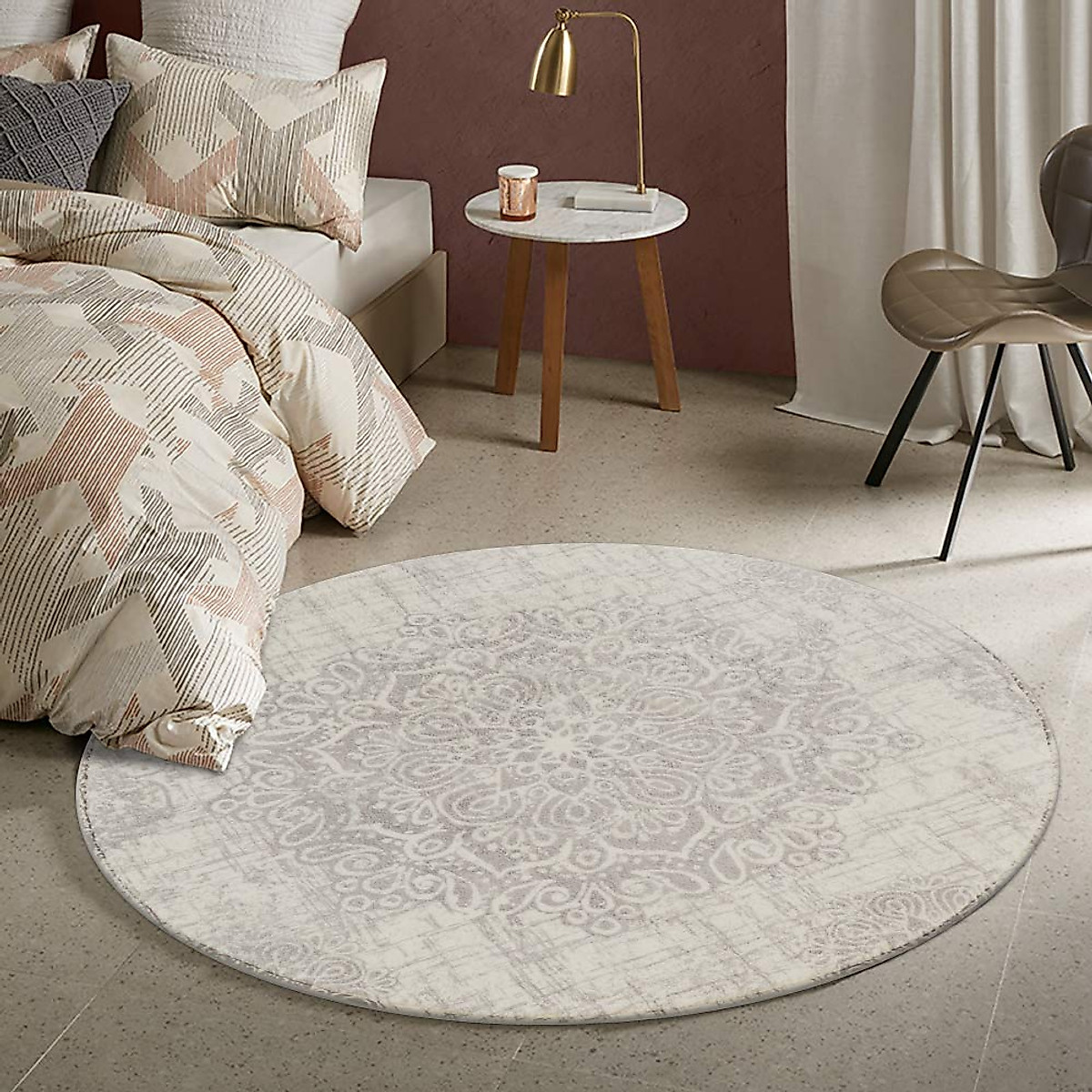 Lahome Medallion Round Rug 4ft, Washable Round Area Rug for Entryway, Non Slip Circle Bathroom Rug Ultra-Thin Door Mat, Gray Accent Throw Small Round Rugs for Office Bedroom Laundry Room