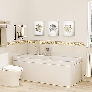 SUMGAR Boho Wall Art Bathroom Gold Mandala Framed Paintings 3 Piece Grey Flowers Pictures Gray Floral Canvas Prints Bedroom Indian Artwork Yoga Spa Bohemian Home Decorations Geometric Decor,12x16 in