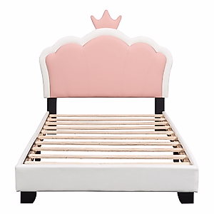 Upholstered Platform Bed, Pink Cute Cartoon Elements Princess Bed Fun Bed, Wood Twin Size Bed Frame with Crown Shaped Headboard, Kids Bedroom Furniture Cute Bed Upholstered Bed