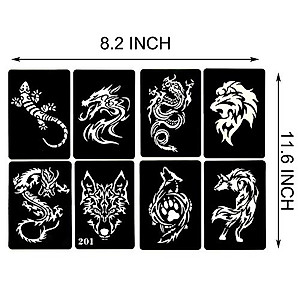 Kotbs 4 Sheets Temporary Tattoo Stencils, 32pcs Animal Patterns Henna Tattoo Stencil Kit Temporary Glitter Airbrush Tattoo Stencils Arabian Tattoo Stickers for Face Body Paint Art