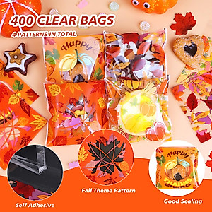 DERAYEE Fall Treat Bags, 400 Pcs Self Sealing Cellophane Cookie Bags Pumpkin Maple Leaves Clear Candy Bags Plastic Self-Adhesive Goodie Gift Bag for Thanksgiving Party Favor Autumn Party Supplies (3.9 x 3.9 Inch)