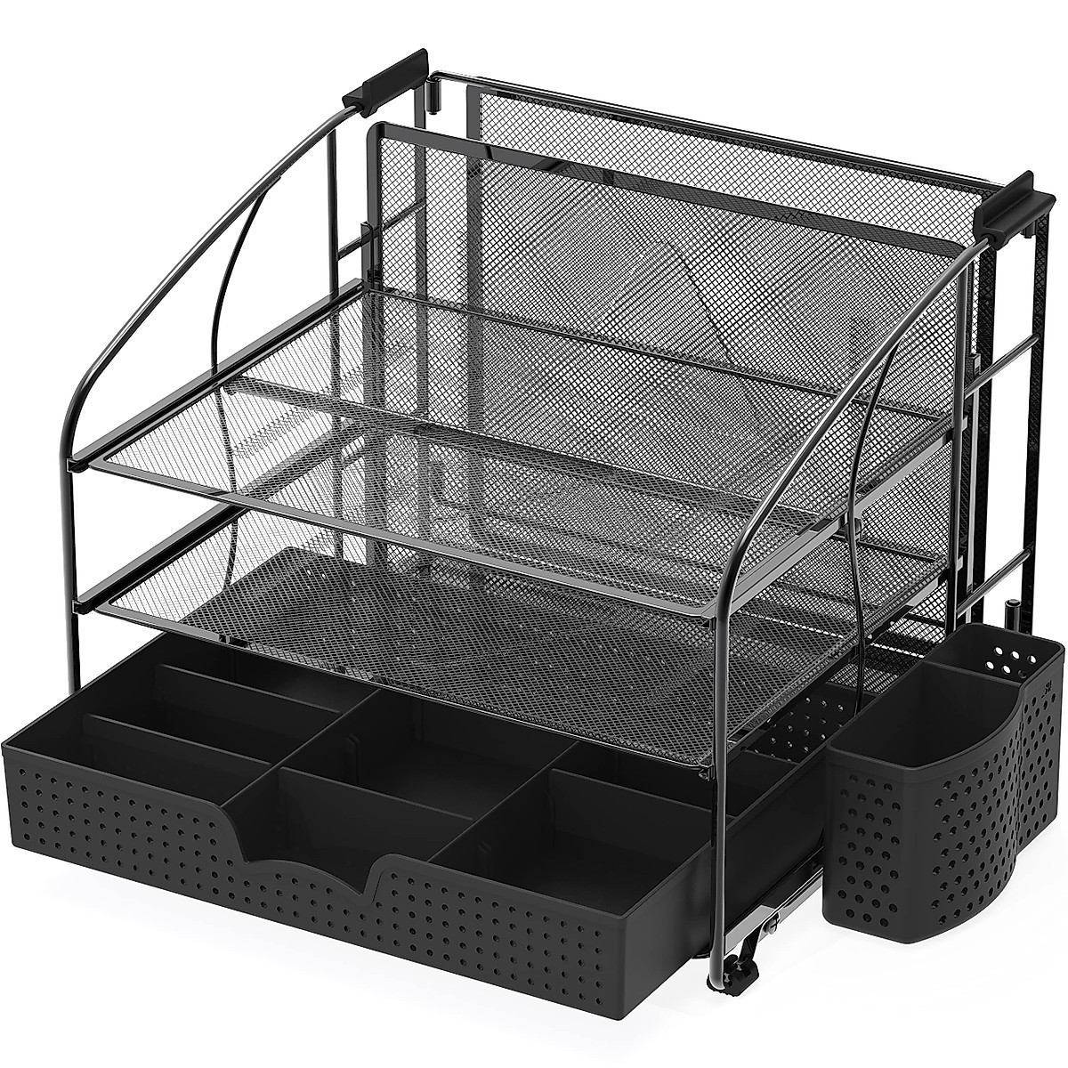 SimpleHouseware Desk Organizer 3 Tray w/Sliding Drawer, Hanging File Holder and Pen Holder Accessory, Black