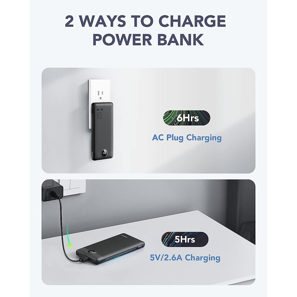 VRURC Portable Charger Built-in Cables and AC Wall Plug, USB C Power Bank 10000mAh, [2023 Upgraded Version] Phone Charger Compact Lightweight External Battery Pack for Smart Phones, Tablets etc-Black