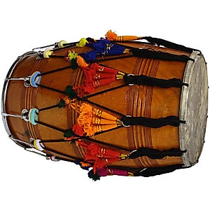 Dhol Drums Mango Wood Punjabi Bhangra With Playing Sticks And Decoration Partbrown