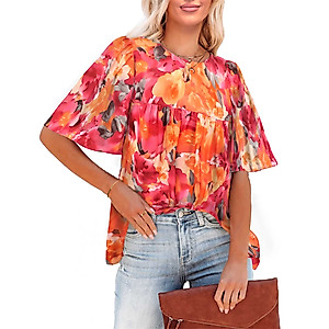 luvamia Bell Sleeve Blouses for Women Casual Floral Boho Babydoll Womens Blouses and Tops Dressy Work Tops for Women Floral Shirts for Women Orange Pink Floral Size XX-Large Fits Size 20 Size 22