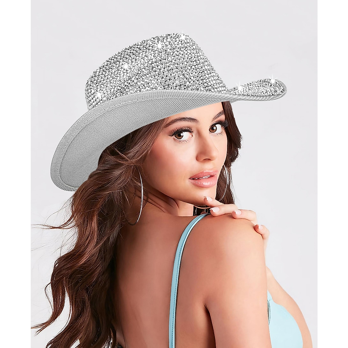 Silver Rhinestone Western Cowboy Hat for Womens - Glitter Cowgirl Hat for Disco Parties and Costumes