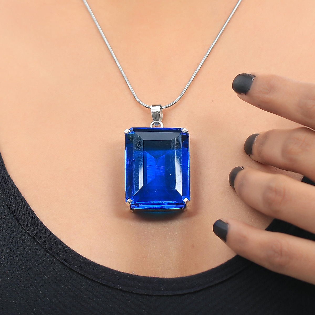 GEMHUB 120 Carat Blue Topaz Gemstone Pendant Without Chain, 925 Sterling Silver Emerald Shape Topaz Pendant Without Chain