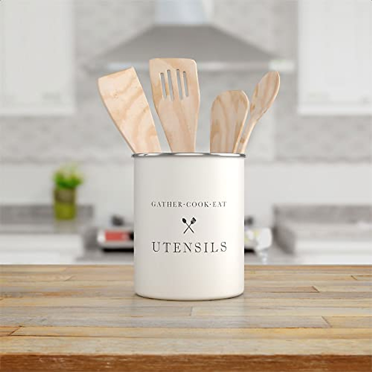 Barnyard Designs White Utensil Holder for Kitchen Countertop, Farmhouse Metal Utensil Crock, Rustic Country Decorative Kitchen Utensil Caddy Large, 5.5x6.75