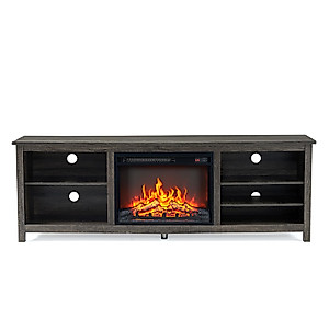 AMERLIFE Fireplace TV Stand, Wood Texture Entertainment Center with 23" Electric Fireplace, Farmhouse Entertainment Stand Media TV Console for TVs Up to 80", 70 inches, Rustic Grey