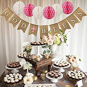 Baptism Decorations for Girls with 6pcs Paper Honeycombs, Baptism Banner Confirmation Communion Decorations