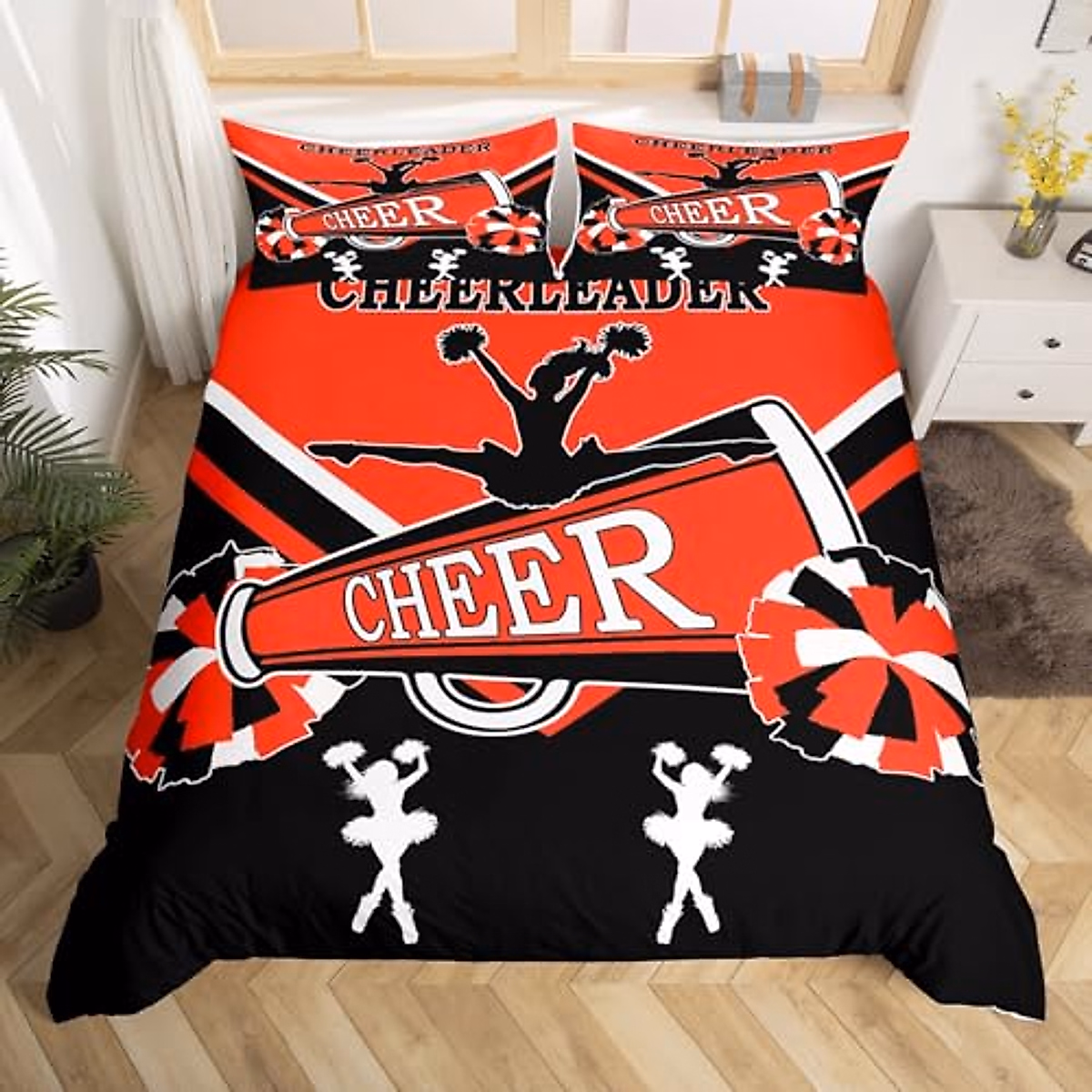 Erosebridal Cute Cheerleader Bedding Full Size Black and Red Duvet Cover, Cheerleading Comforter Cover Dancer Theme Bed Set, Cheerleading Dance Quilt Cover for Girls Bedroom Decor
