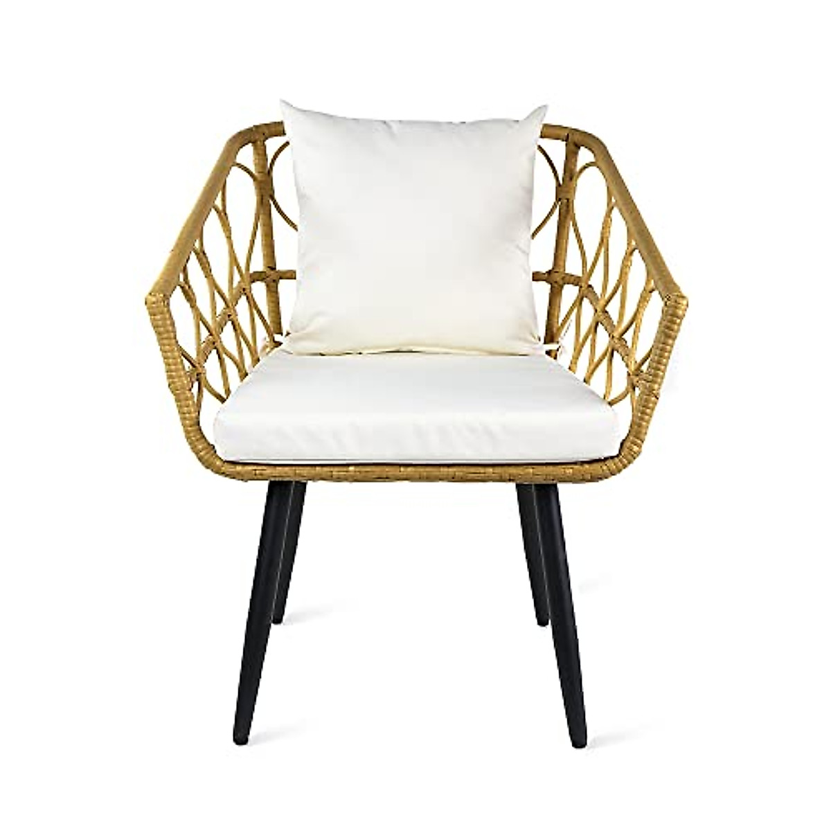 Amazon Basics Outdoor All-Weather Woven Faux Rattan Chair Set with Cushions and Side Table, Tan - 3-Piece Set