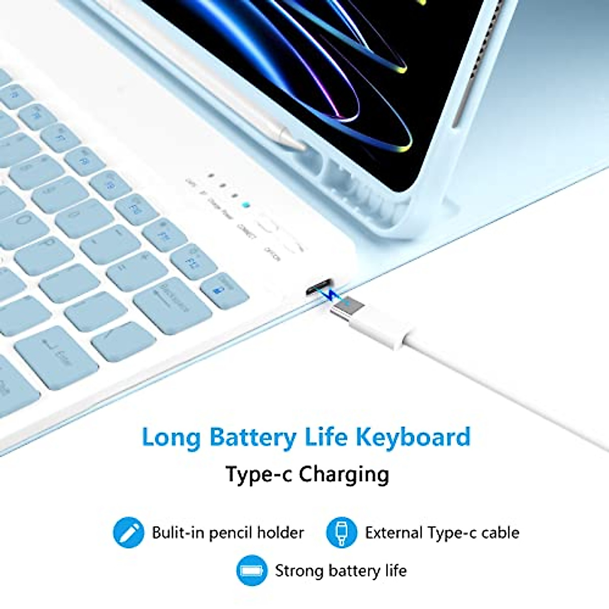 12.9 Keyboard Case 2022, 12.9" 6th/5th/4th/3rd (2022-2018) Gen Case with Keyboard, Wireless Bluetooth Magnetic Keyboards for 12.9" 2022 Case with Pencil Holder(Light Blue)