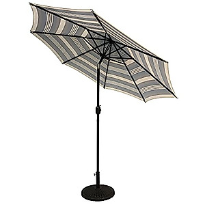 Sun-Ray 811006 9' Round 8-Rib Solar Lighted Patio Umbrella, 32 LED Lights, Push Button Tilt and Crank, Steel Frame, Navy Striped