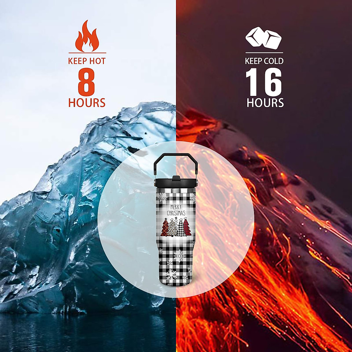 30oz Christmas Tumbler with Handle and Straw, Stainless Steel Vacuum Insulated Flip Straw 30 oz Christmas Tree Coffee Tumbler, Spill Proof Travel Mug, Merry Christmas Decor Gifts for Women