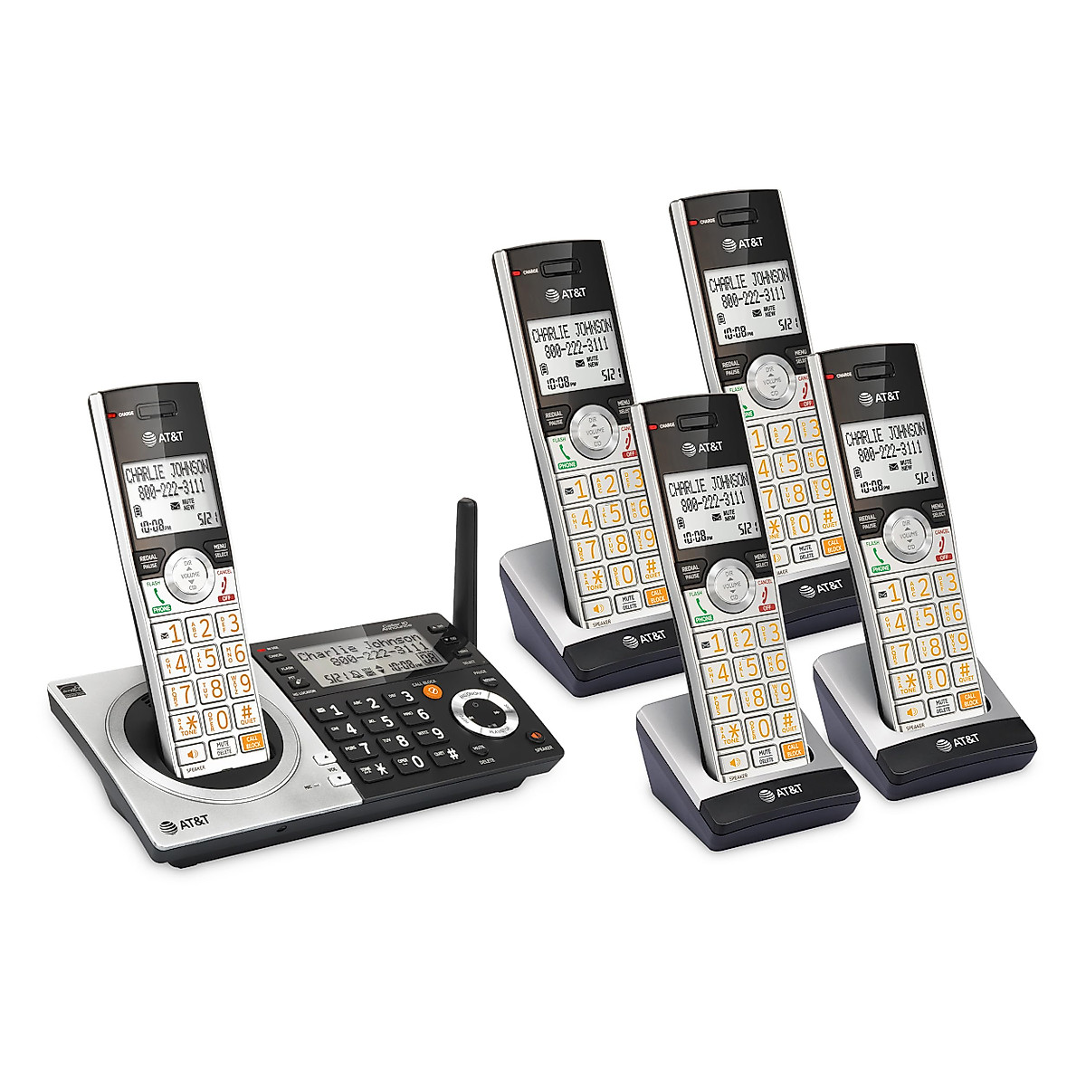 AT&T CL83507 DECT 6.0 5-Handset Cordless Phone for Home with Dual Keypad Base, Answering Machine, Call Blocking, Caller ID Announcer, Intercom and Long Range, Silver/Black