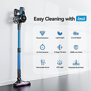 INSE Cordless Vacuum Cleaner, 6-in-1 Powerful Stick Vacuum, Rechargeable Vacuum Cleaner with 2200m-A-h Battery Up to 45 Mins Runtime, Lightweight Handheld Vacuum for Home Hard Floor Carpet Pet Hair