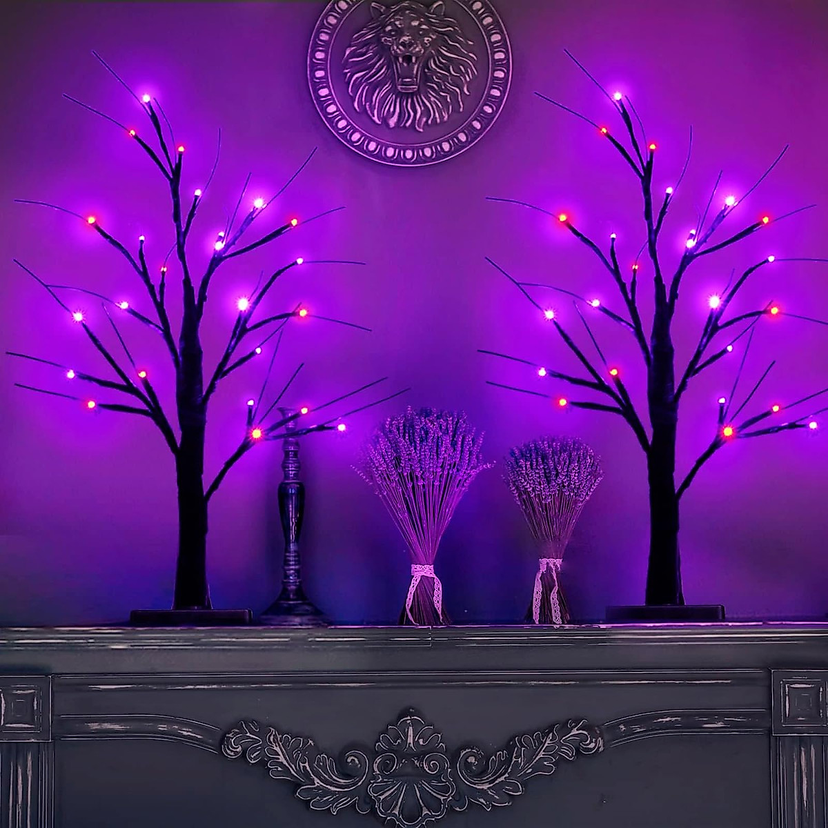 Halloween Decorations Indoor, 2-Pack 2FT Lighted Black Halloween Tree with 48 LED Orange & Purple Lights, Timer Function Battery Operated Halloween Trees Lights Spooky Tree for Tabletop Home Party