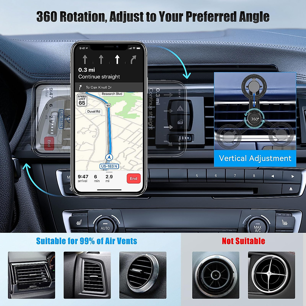 Car Mount for MagSafe,Magnetic Phone Car Mount 20 N52 Strong Magnets,Car Phone Holder with 2 Magnetic Plates,Magnet Phone Holder for iPhone14 13 12 Pro Max Plus,Phone Holder Car Accessories