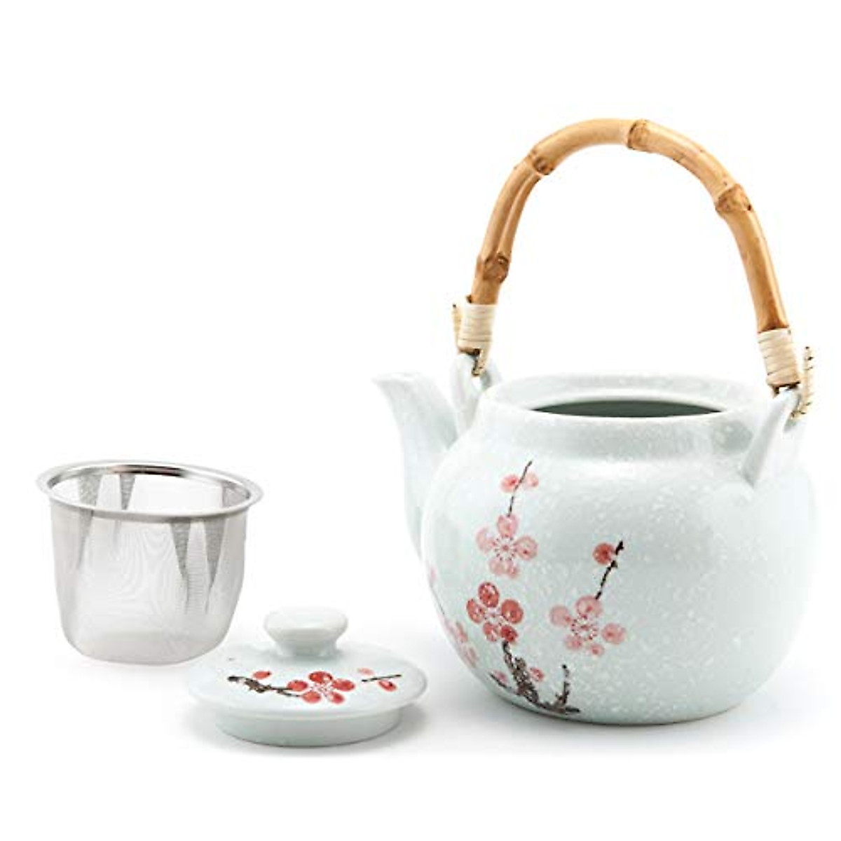 Traditional Japanese Style Ceramic Teapot with Rattan Handle 42 fl oz Teapot with Stainless Steel Infuser Strainer for Loose Leaf Tea (Snow Cherry Blossom)