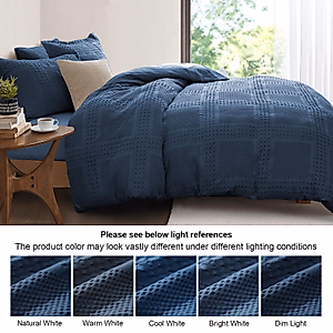PHF 100% Cotton Waffle Duvet Cover Queen Size, 3 Pieces Soft Breathable Duvet Set for All Season, Pre-Washed Decorative Textured Comforter Cover with 2 Pillow Shams, 90"x92", Navy Blue