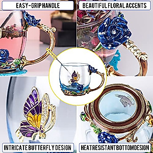 SHEEYEE Glass Coffee Mugs with Spoon, Enamel Butterfly Rose Flower Tea Cups with Decorative Handle Tea Sets for Women Gift 11 oz.(2 Sets)