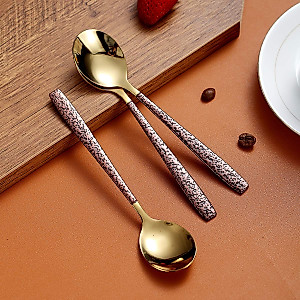 Berglander Tea Spoon Set Of 4 With Moon Surface Handle And Shiny Gold Head, Stainless Steel Teaspoons Tea Spoons Silverware Set Small Spoons Coffee Spoons