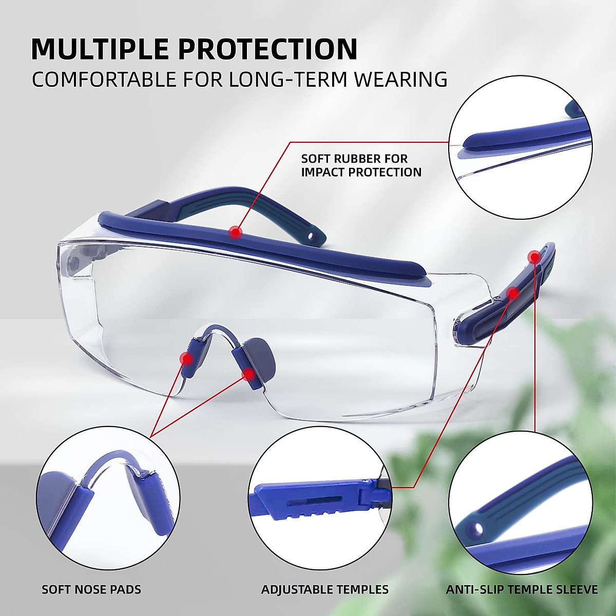 Optical Care Safety Glasses Anti Fog Safety Goggles Over Glasses Protective Eyewear with Clear Wrap-around Lens, Adjustable, Impact Resistance and Anti-dust