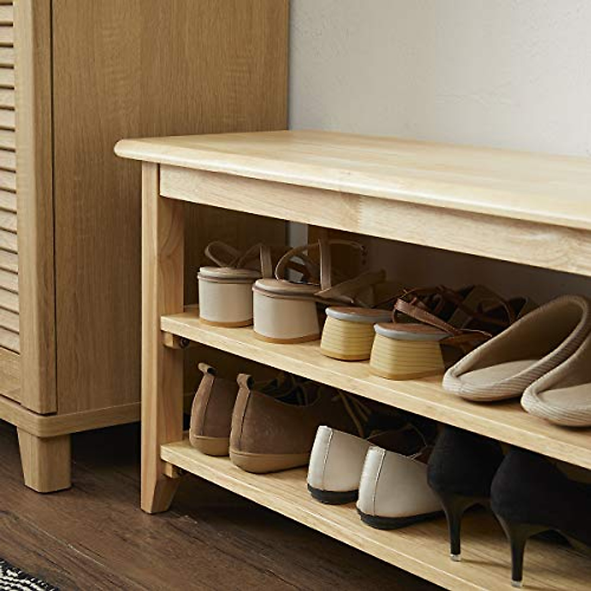 TinyTimes 3-Tier Wood Shoe Bench, Heavy Duty Shoe Rack Bench, Shoe Organizer Shelf, Ideal for Entryway, Living Room,Ideal for Entryway, Living Room, Holds Up to 550 lbs -Natural, 32"