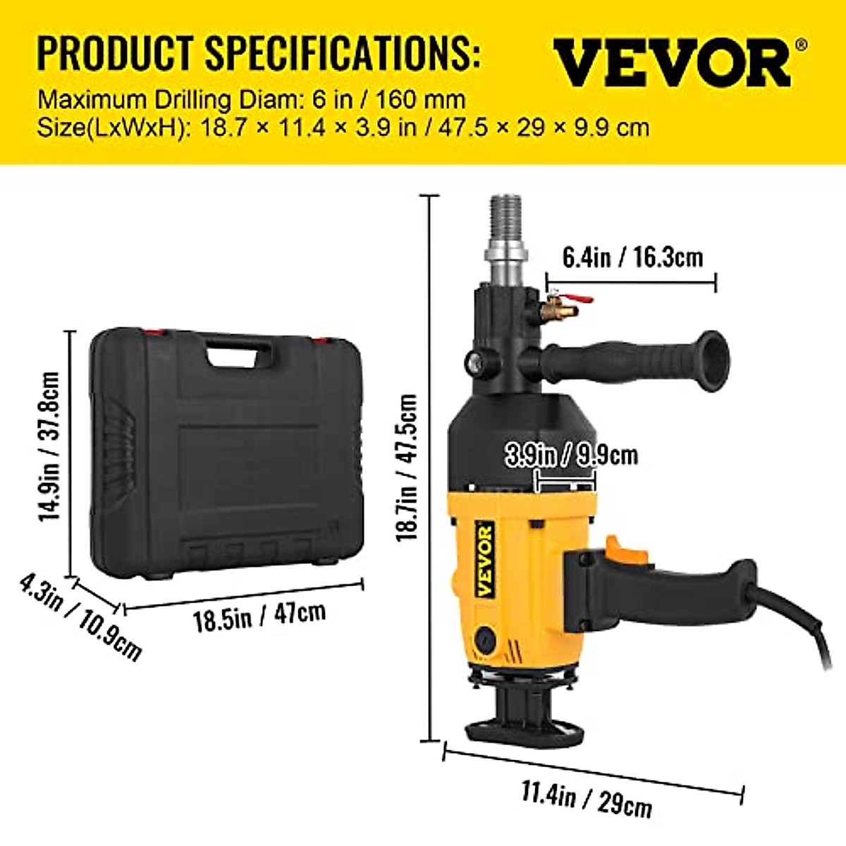 Happybuy Diamond Core Drill, 2180W 6"/160 mm, 1600RPM Variable Speed Core Drill Rig with Portable Case, Handheld Drilling Machine for Hard Stone, Concrete, Marble, Granite, Brick