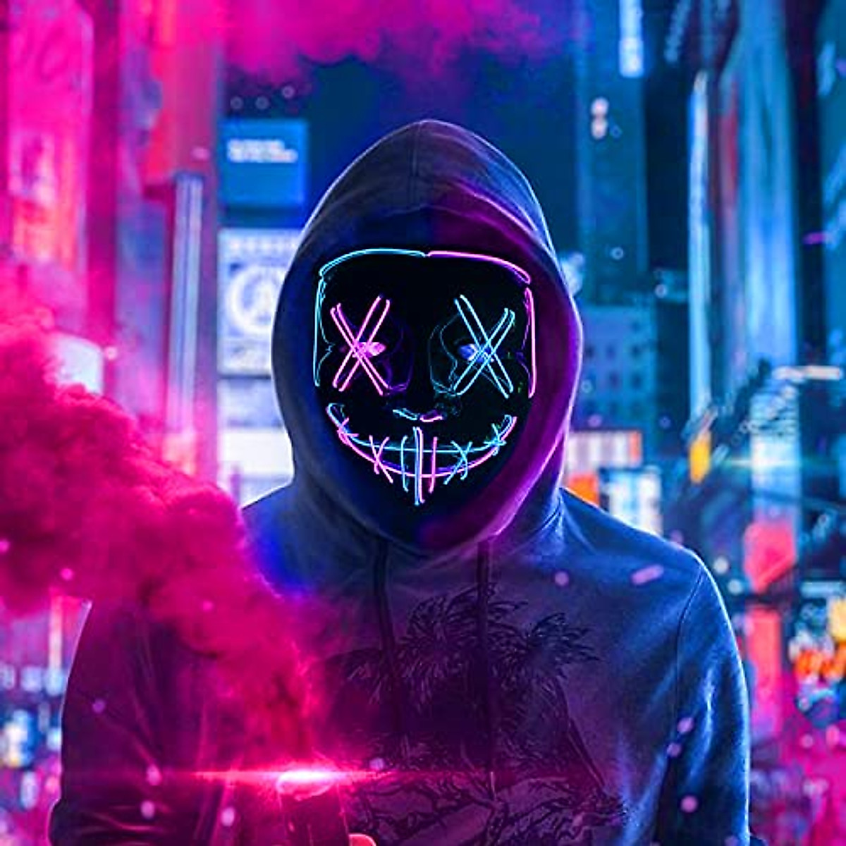 Halloween Purge Mask Light Up Scary Mask EL Wire LED Mask for Festival Party Gifts (Blue-Pink)